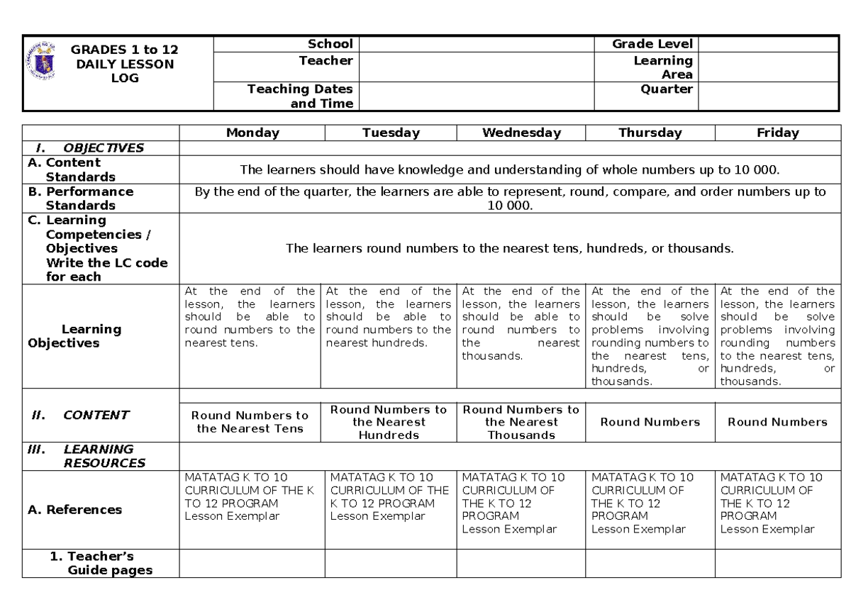 MATH DLL W7Q1 - Rounding Numbers Lesson Plan for K to 10 - Studocu