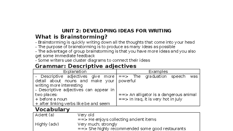UNIT 2: Brainstorming & Descriptive Adjectives for Writing - Studocu