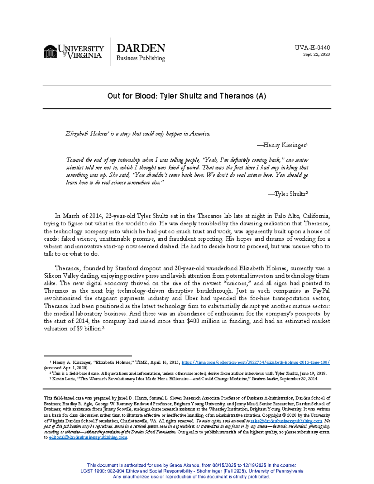 Out for Blood: Tyler Shultz and the Theranos Scandal (LGST 2025) - Studocu