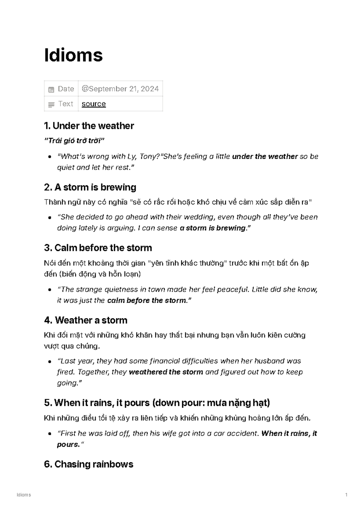 Idioms Study Guide: Common Expressions and Their Meanings - Studocu