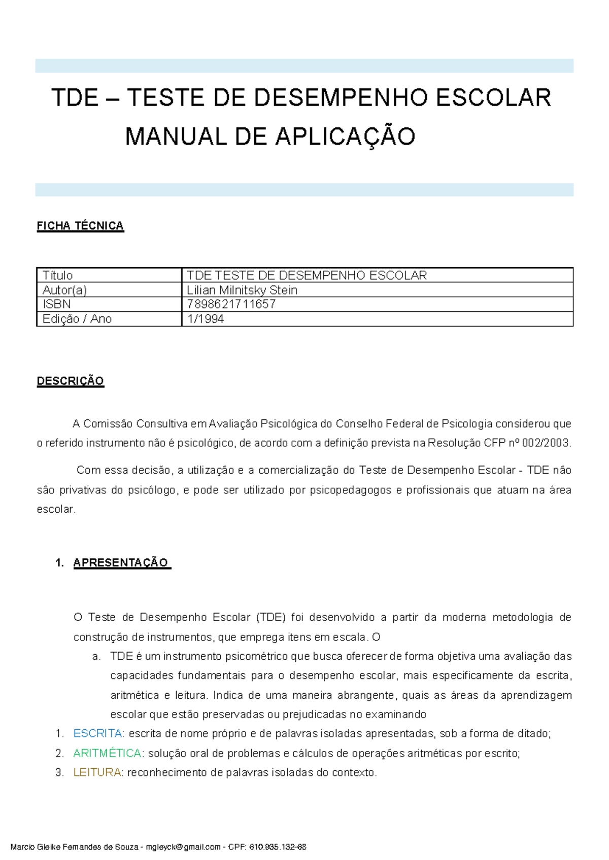 TDE-I - Manual de Aplicação do Teste de Desempenho Escolar - Studocu