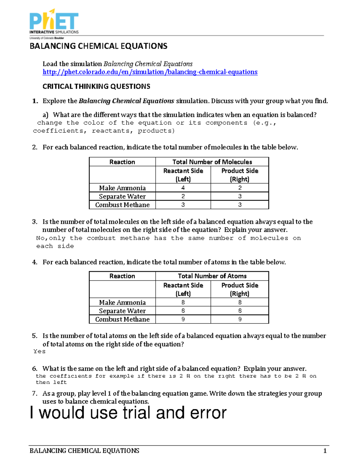 Ph ET Lab - Balancing Chemical Equations Student Guide - BALANCING ...