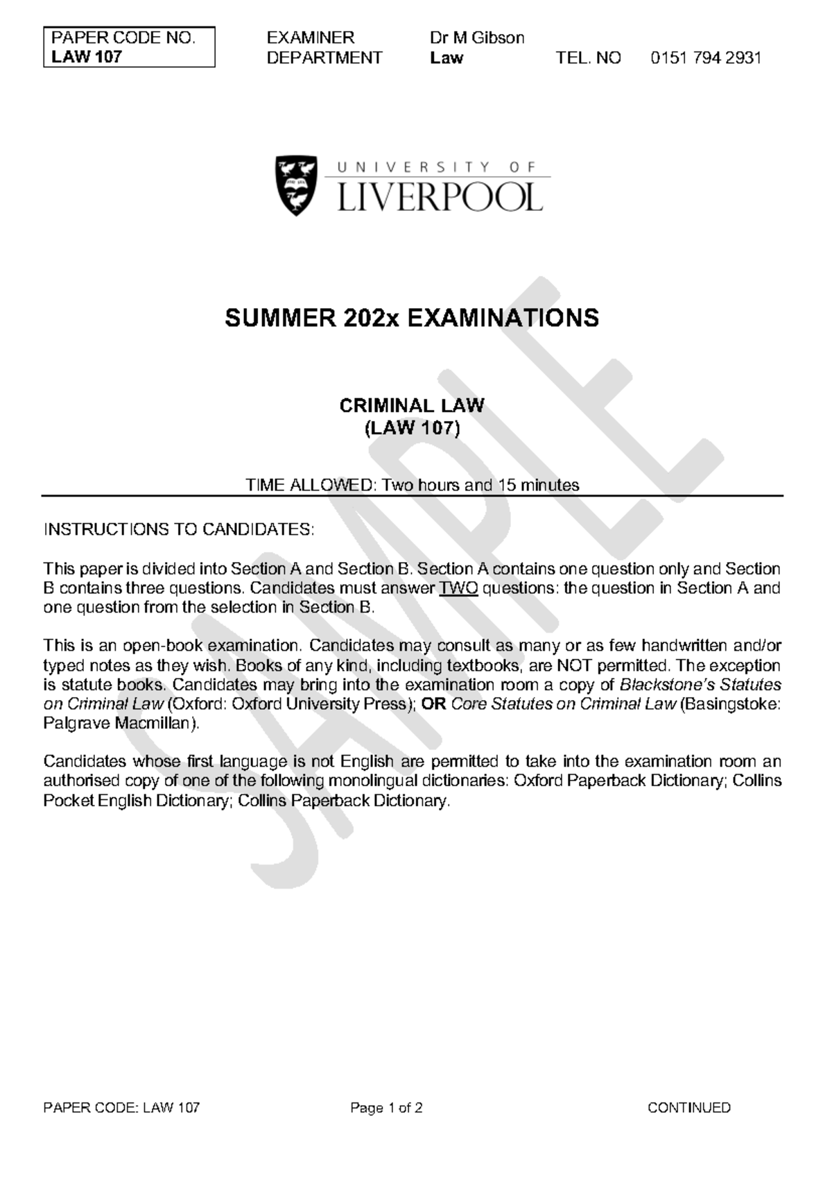 LAW 107 Summer 202x Criminal Law Exam Sample Paper - Studocu