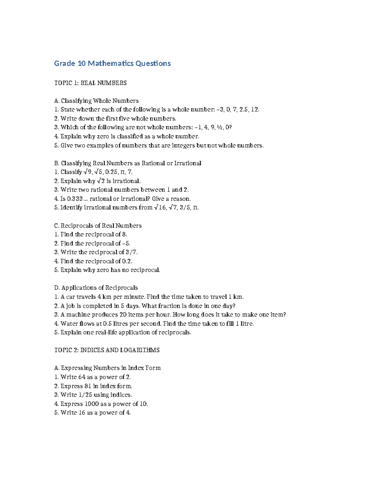 Grade 10 Math Quiz: Real Numbers & Indices (MATH101) - Studocu