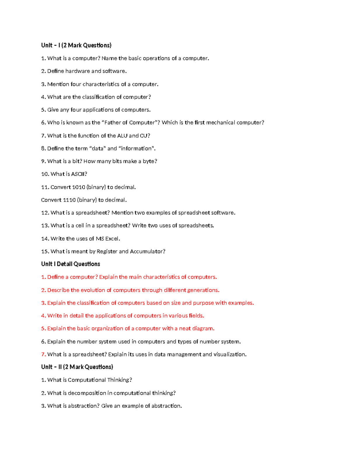 Unit I J2 Question Bank: Computer Basics & Applications - Studocu