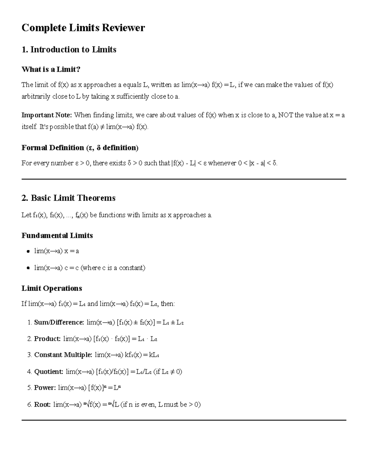 Limits Review Guide for Calculus (MATH 101) - Studocu