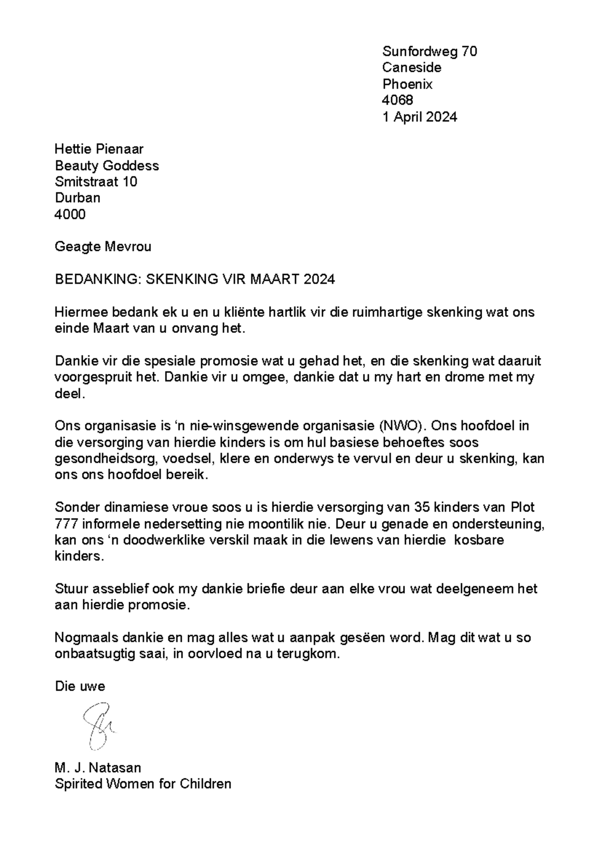 Bedankingsbrief aan Beauty Goddess - Maart 2024 Skenking - Studocu