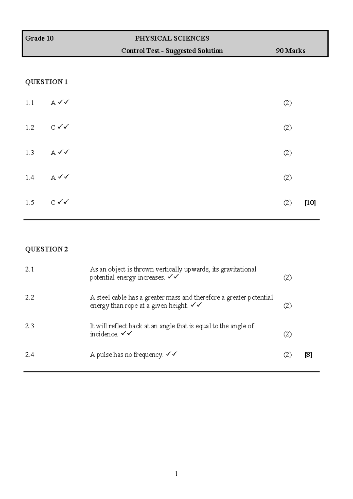 Grade 10 Physical Sciences - Term 1 Control Test Answers - Studocu