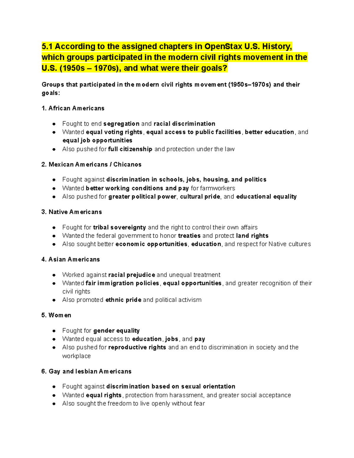 315L Unit 5 Review: Modern Civil Rights Movement & Key Groups - Studocu