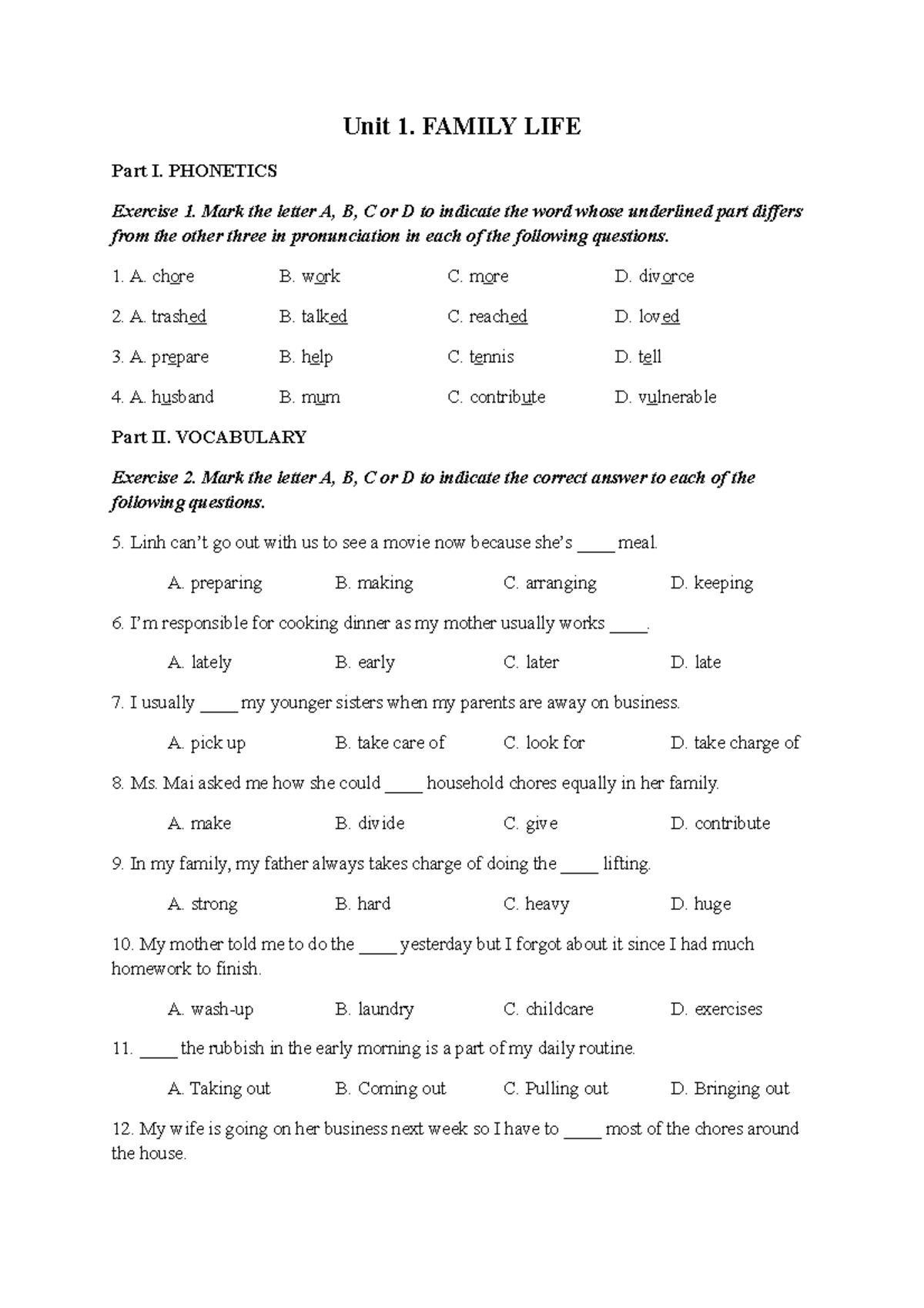 Unit 1 - TEST - english 10 test 1 - Unit 1. FAMILY LIFE Part I ...