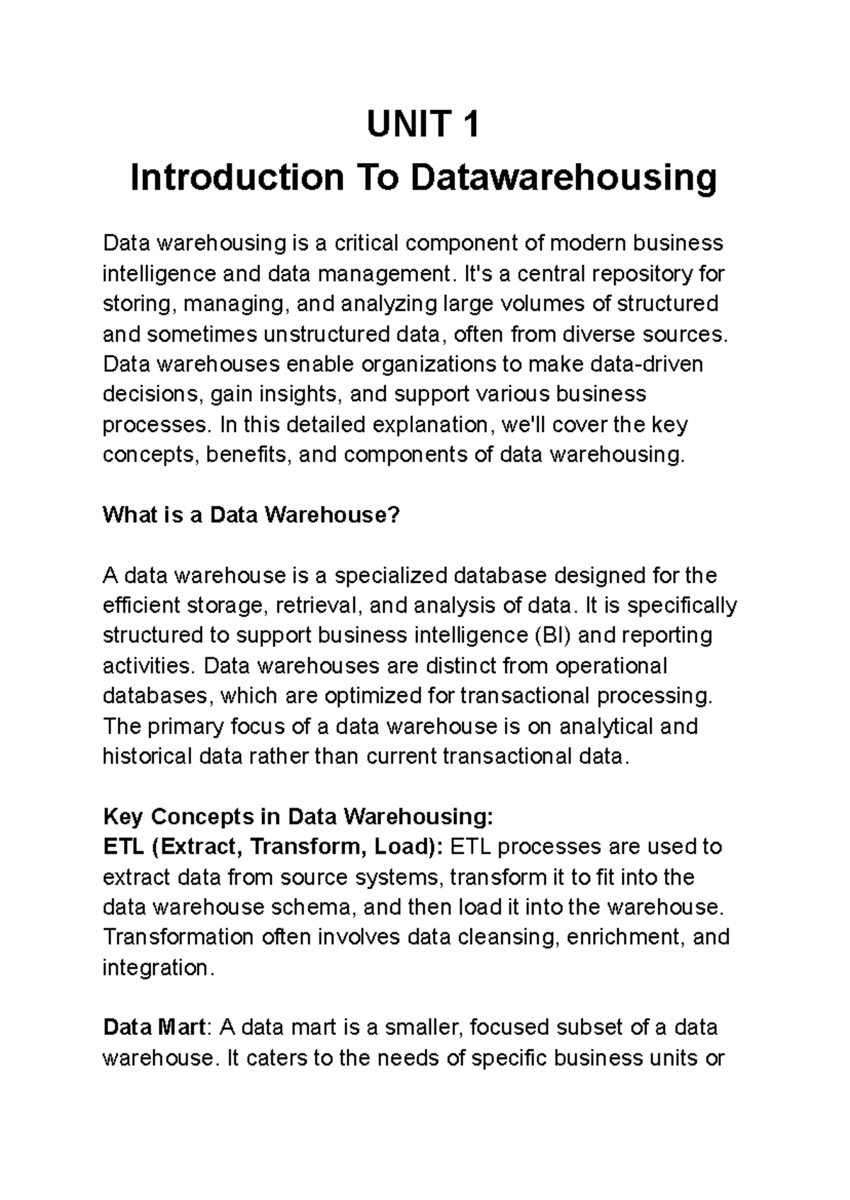 DW-1 Lecture Notes: Introduction to Data Warehousing Concepts - Studocu