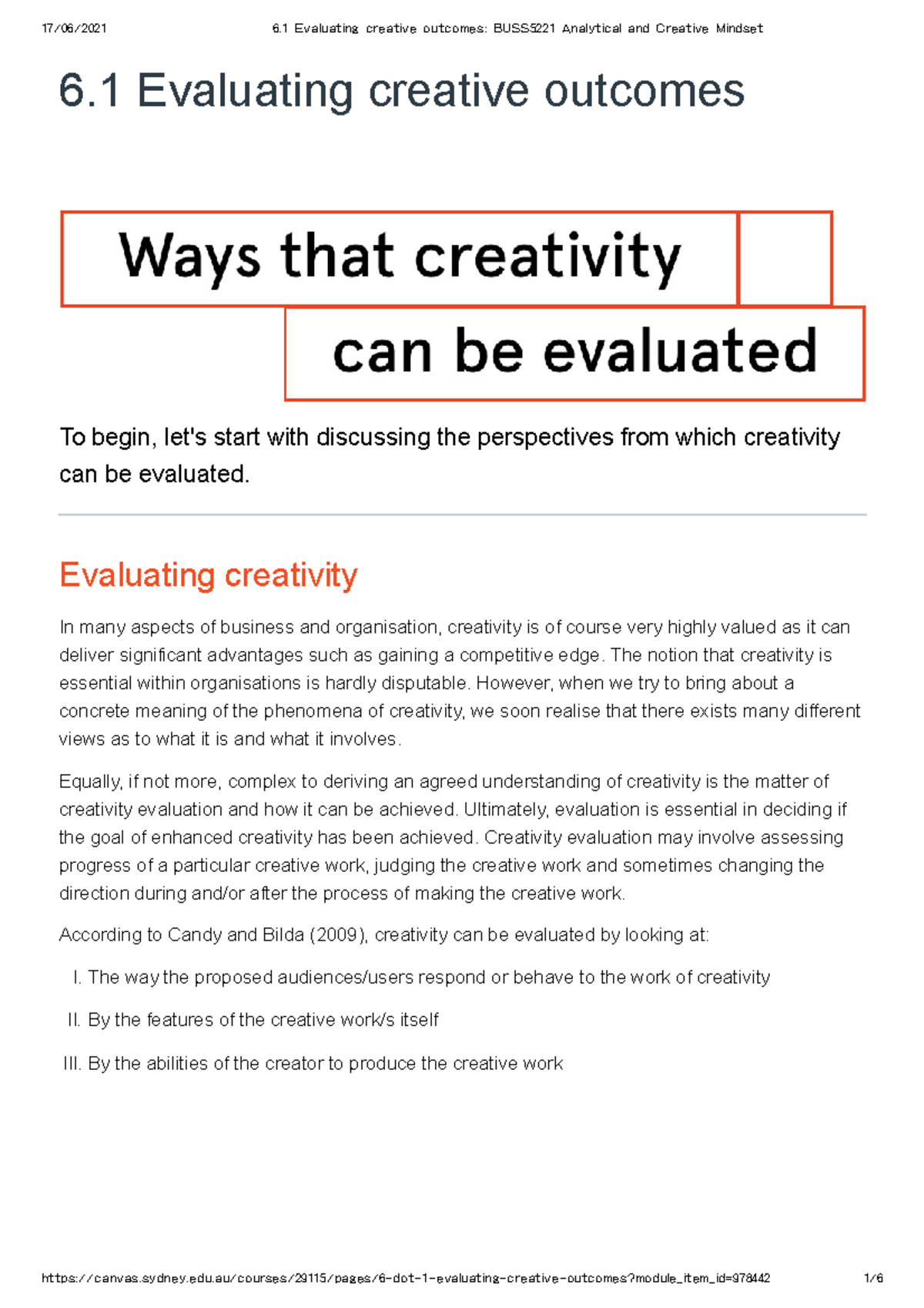 6.1 Evaluating creative outcomes BUSS5221 Analytical and Creative ...