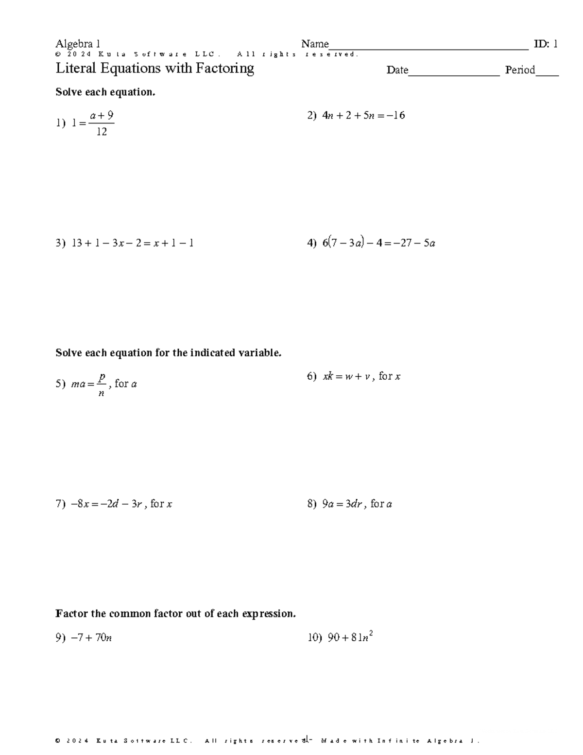 Algebra 1: Literal Equations with Factoring Worksheet - Studocu
