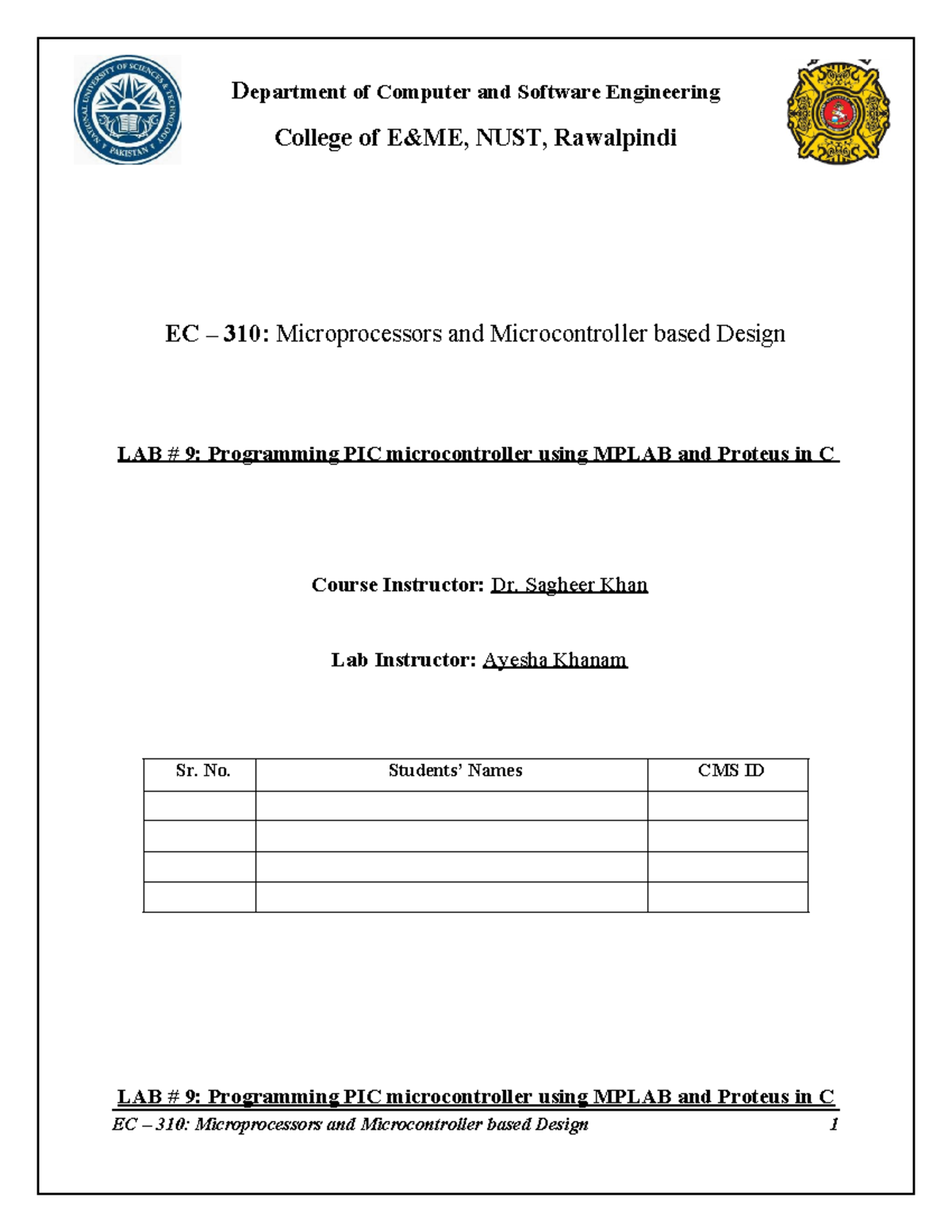 Lab 9 EC-310: Programming PIC Microcontroller with MPLAB & Proteus - Studocu