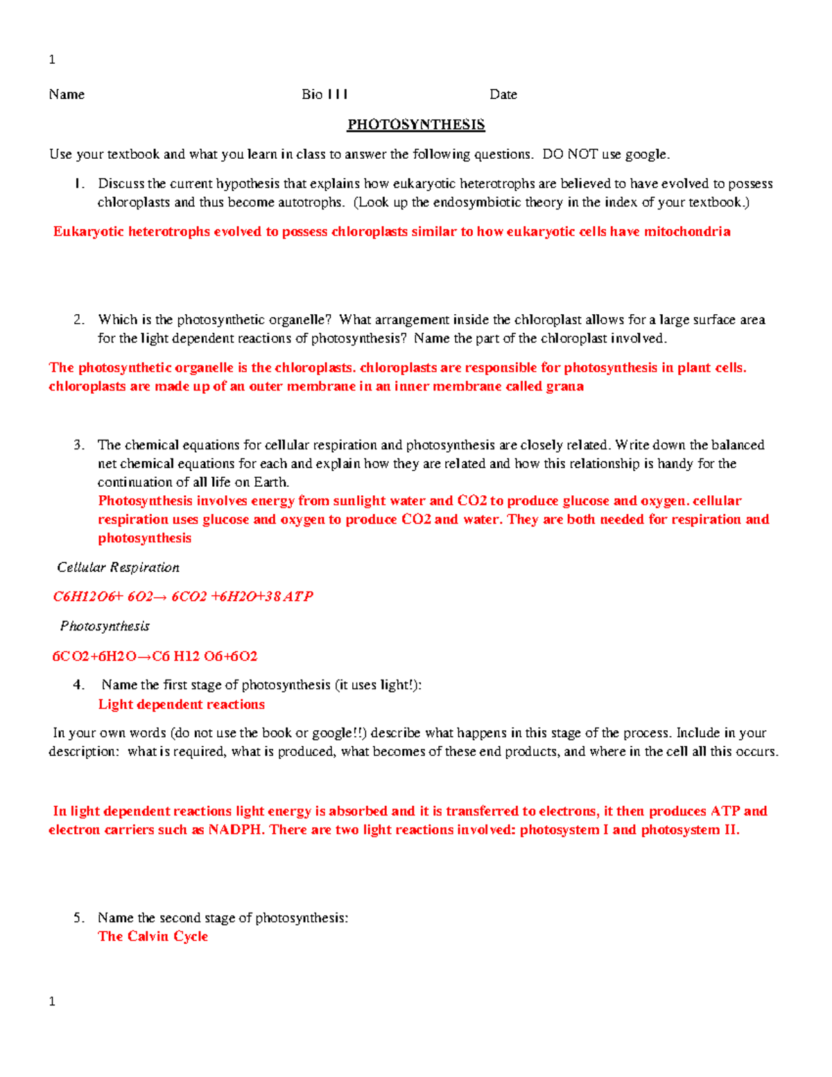 Photosynthesis Assignment - Name Bio 111 Date PHOTOSYNTHESIS Use your ...