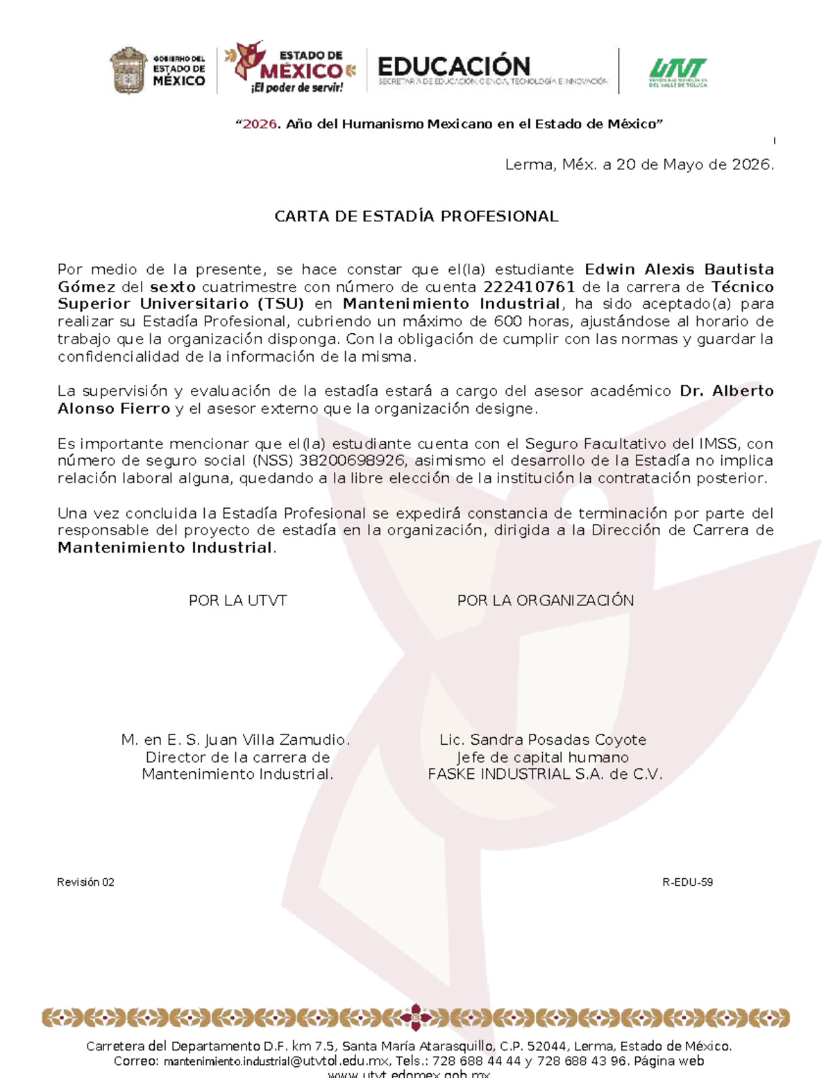 Carta de Aceptación de Estadía Profesional - TSU Mantenimiento ...