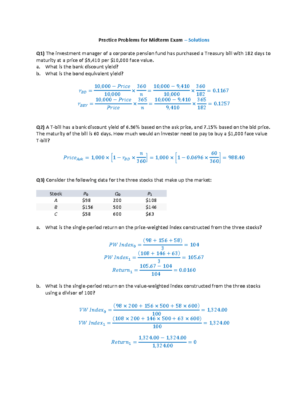 BUS 315 - Midterm Exam Practice Problems with Solutions - Studocu