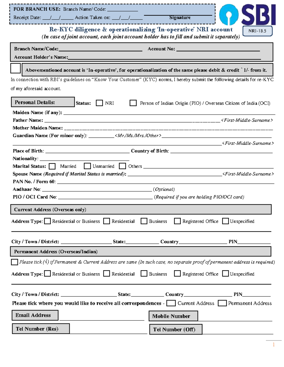 Re-KYC NRI form - Usefull - 1 Re-KYC diligence & operationalizing ‘In-operative’ NRI account (In ...