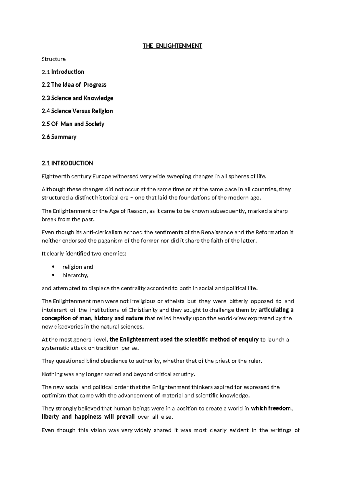Enlightenment Notes - THE ENLIGHTENMENT Structure 2 Introduction 2 The ...