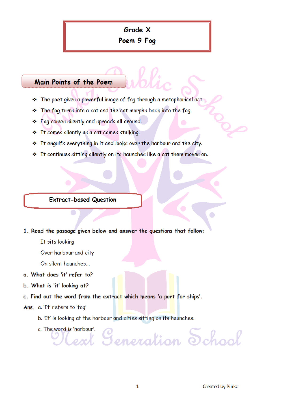 Short Answer & Long Answer Qs on Fog Imagery in Poetry (ENG 101) - Studocu