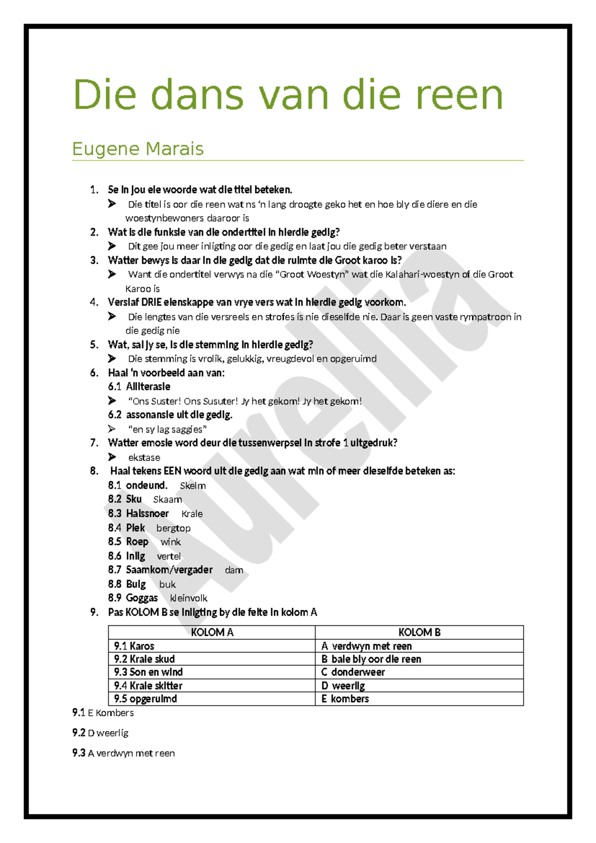 Eugene Marais se Gedig: Die Dans van die Reen Analise - Studocu