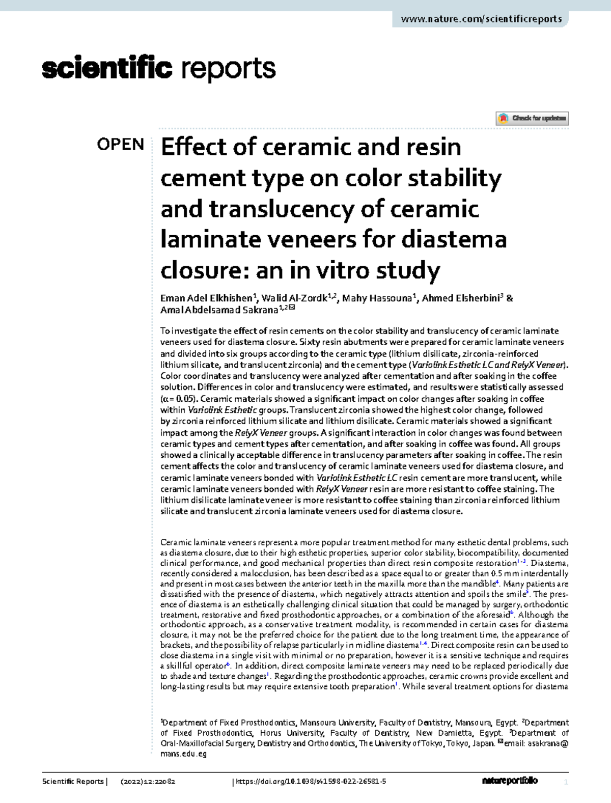 OPEN Effect of Resin Cement Type on Color Stability of Ceramic Laminate ...