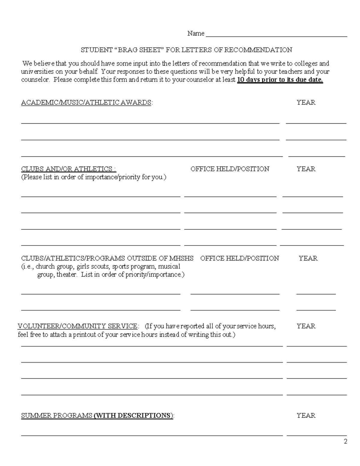 Senior Brag Sheet Fillable - Name STUDENT “BRAG SHEET” FOR LETTERS OF ...