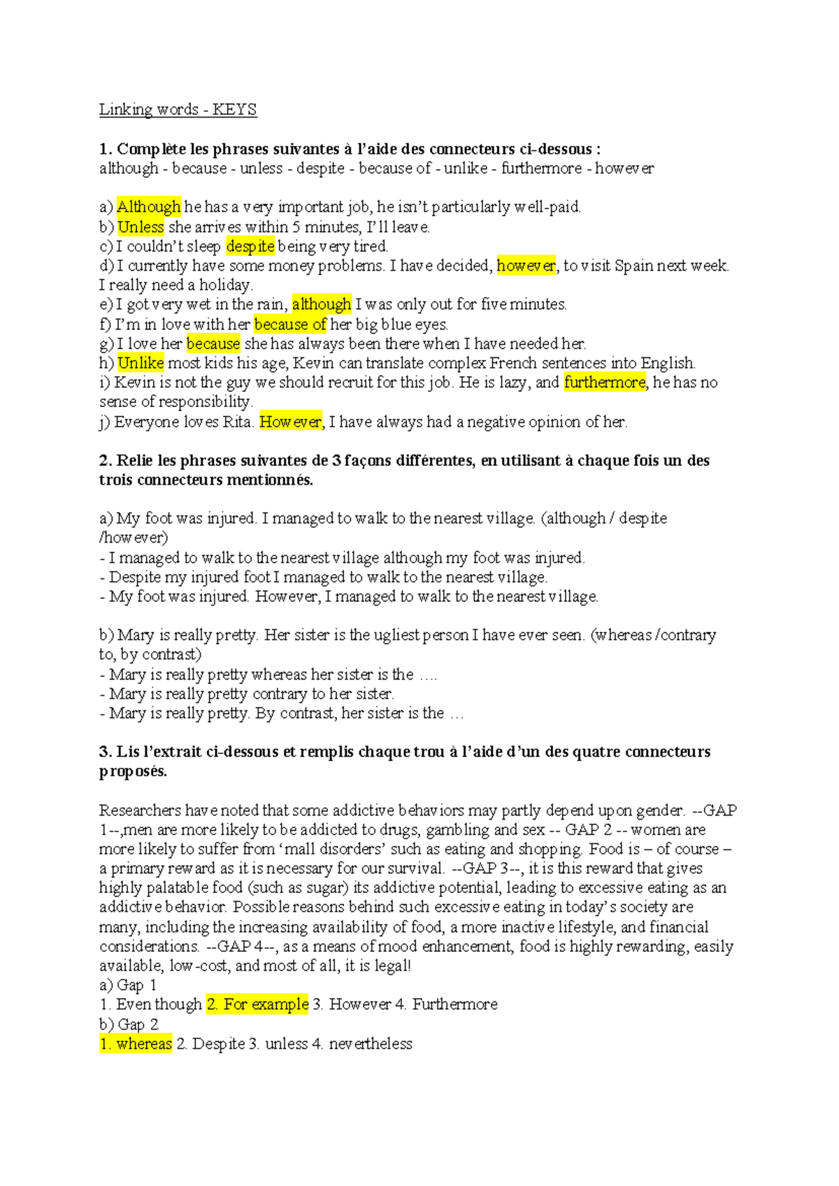 Linking Words KEYS 1: Connectors Practice and Exercises - Studocu