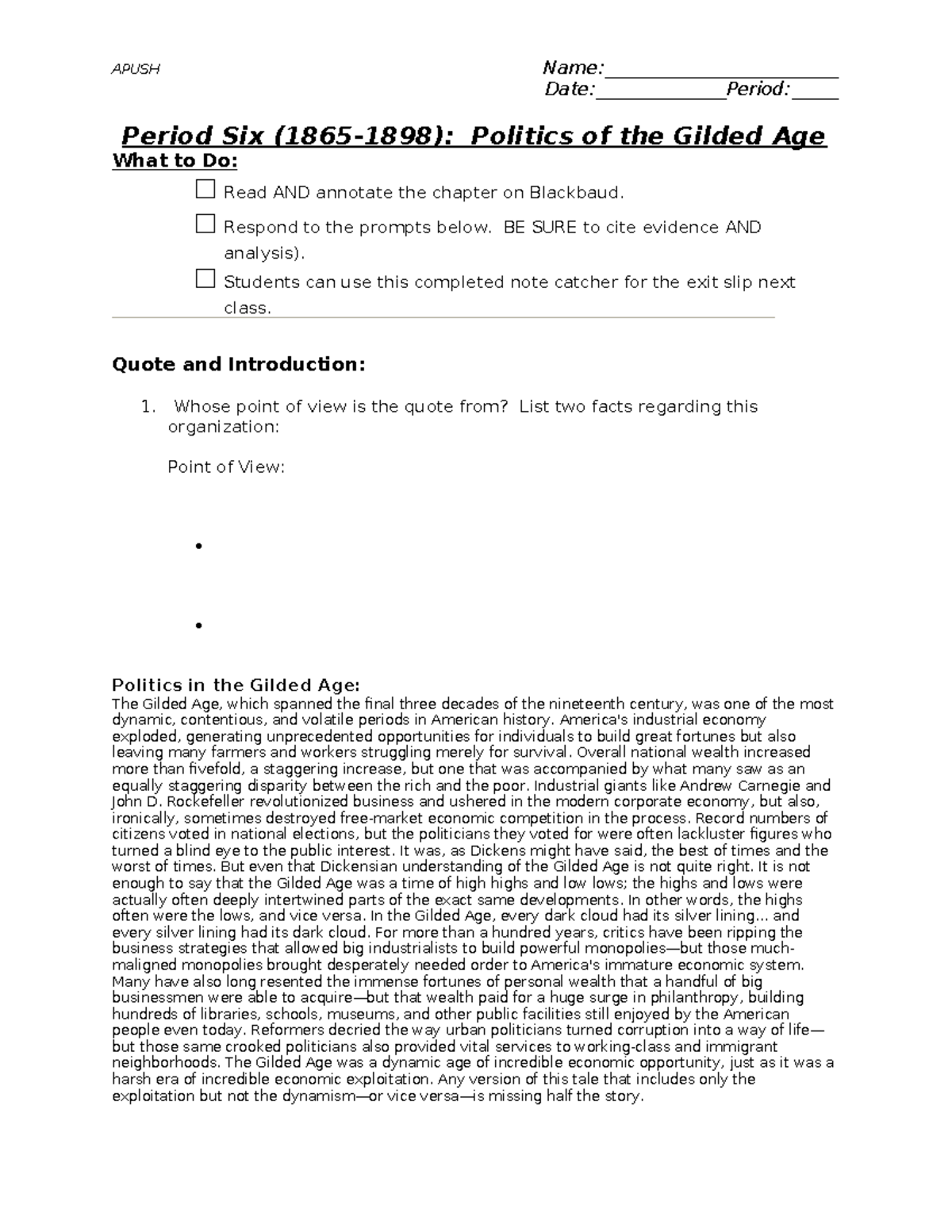 Reading Guide Period Six Politicsof Gilded Age - Date:_________Period ...