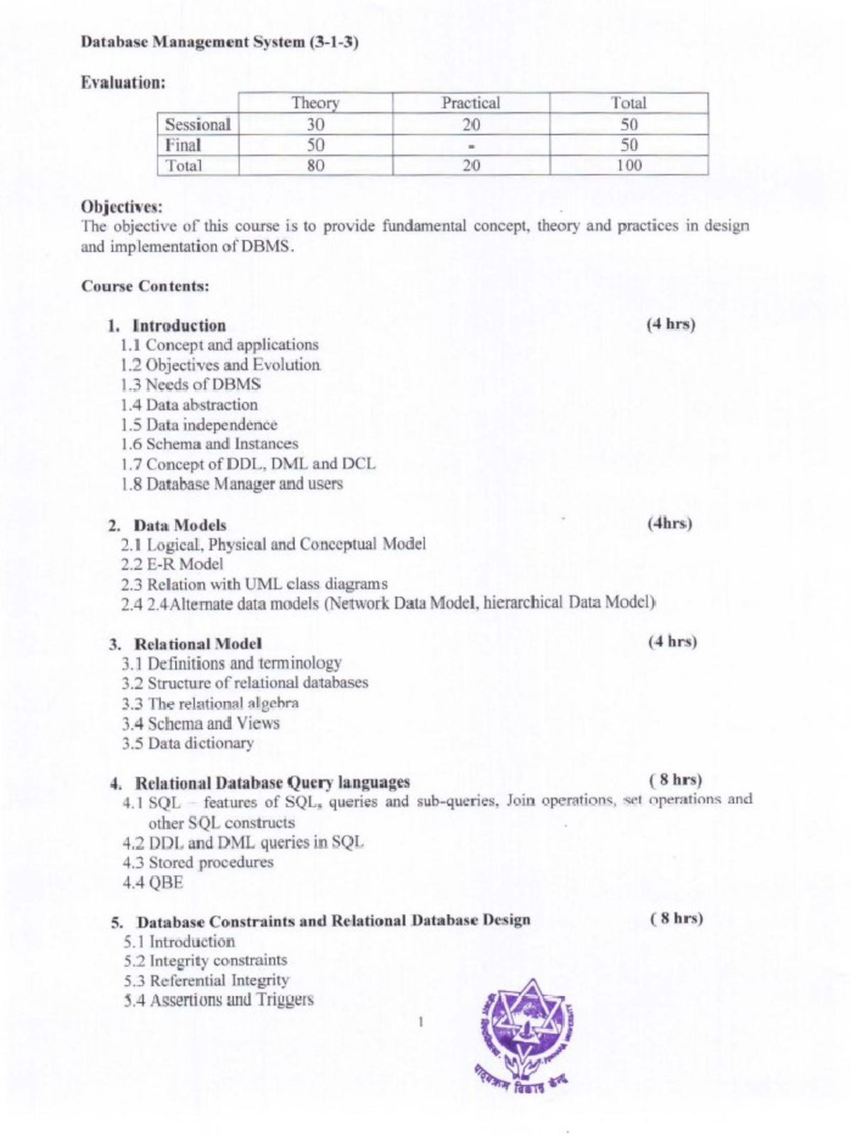 DBMS Syllabus: Evaluation, Theory & Practice (Final Exam) - Studocu