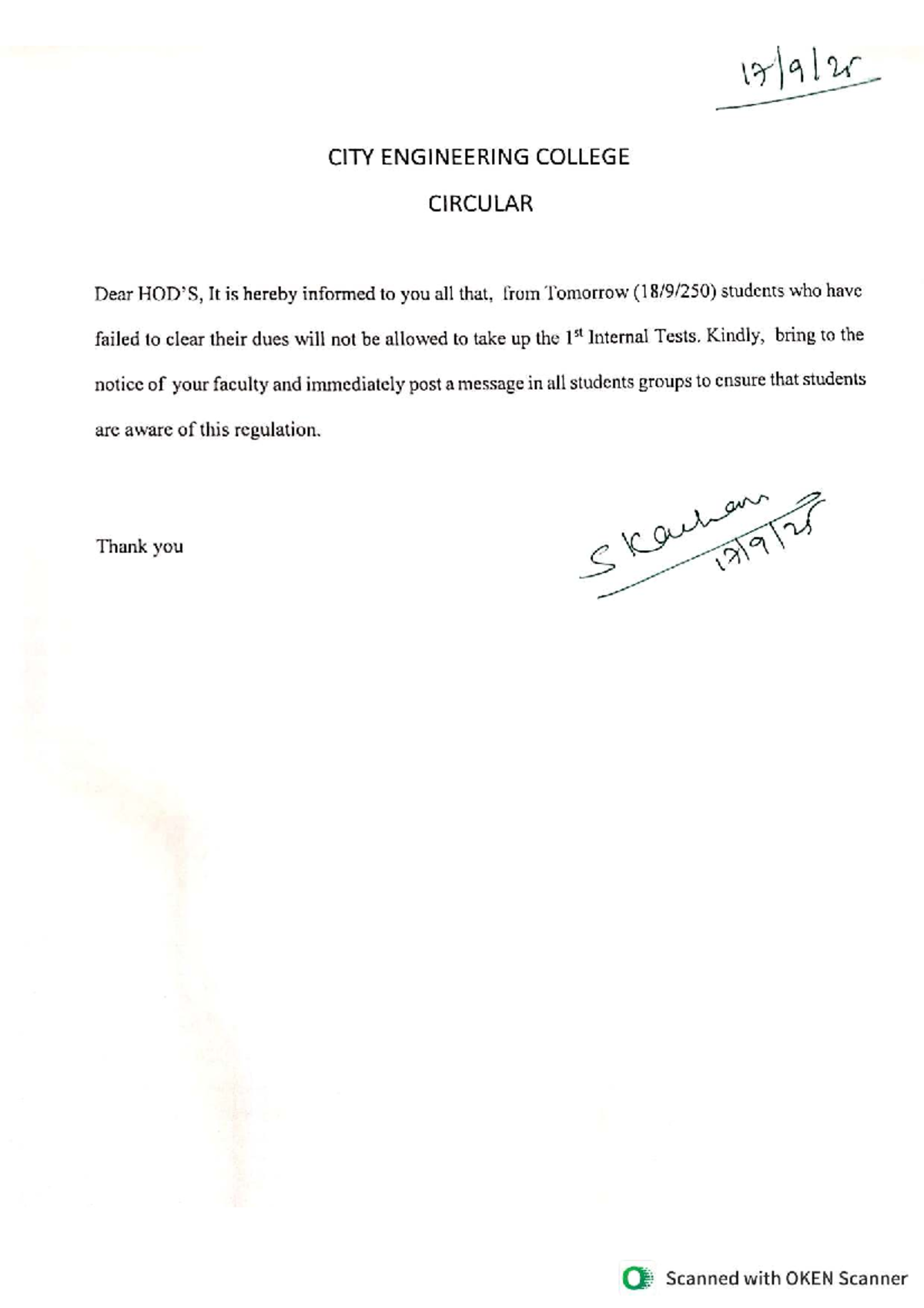 CITY ENGINEERING COLLEGE CIRCULAR: 1st Internal Test Dues Notice - Studocu