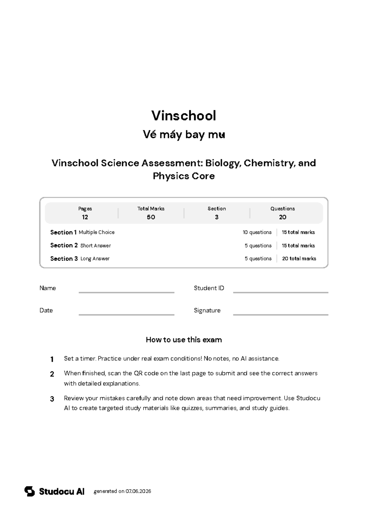 Vinschool Science Assessment: Biology, Chemistry, Physics - Studocu