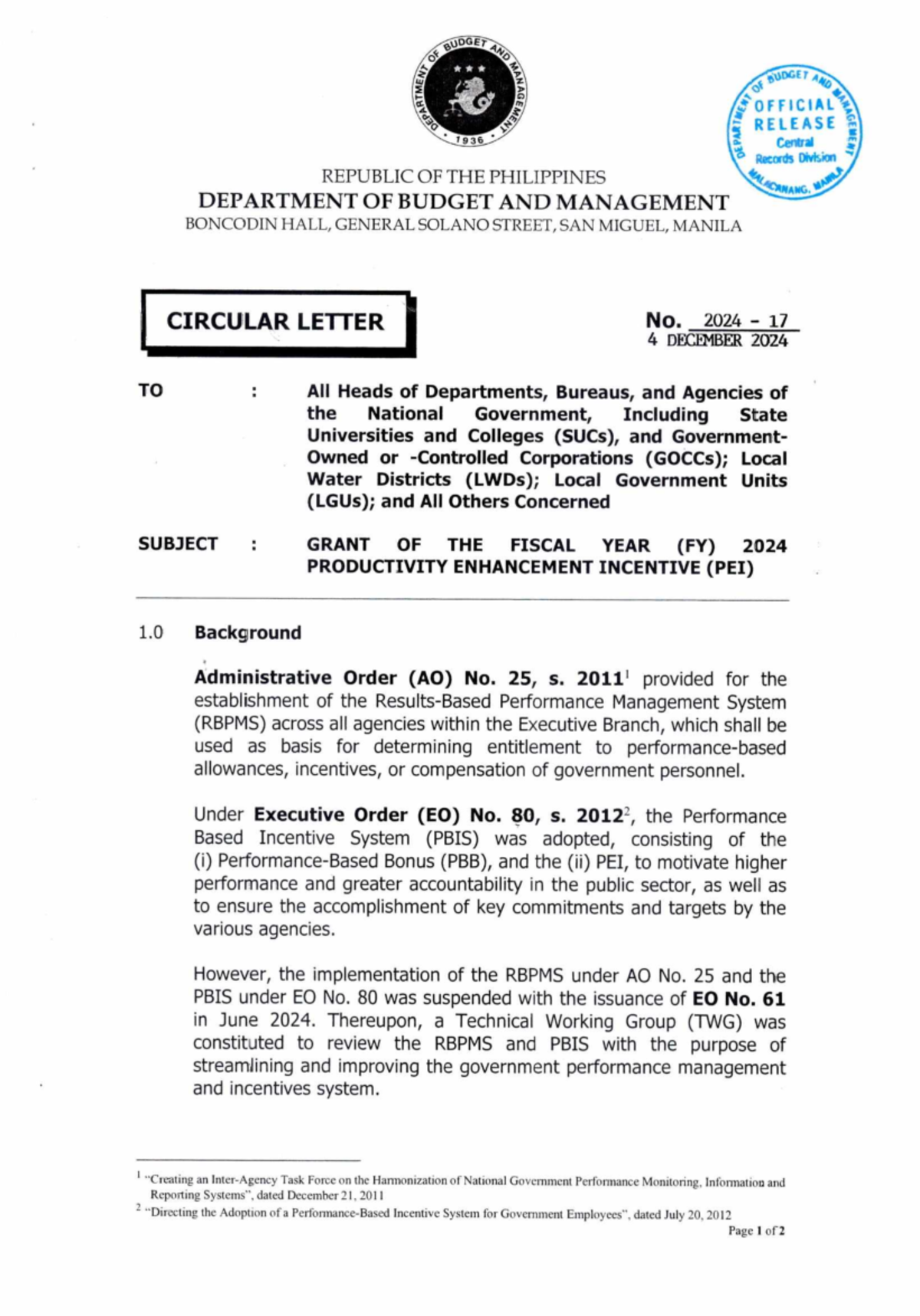Circular- Letter-NO - N/A - TO SUBJECT 1 Background Administrative Order (AO) No. 25, s. 2011 ...