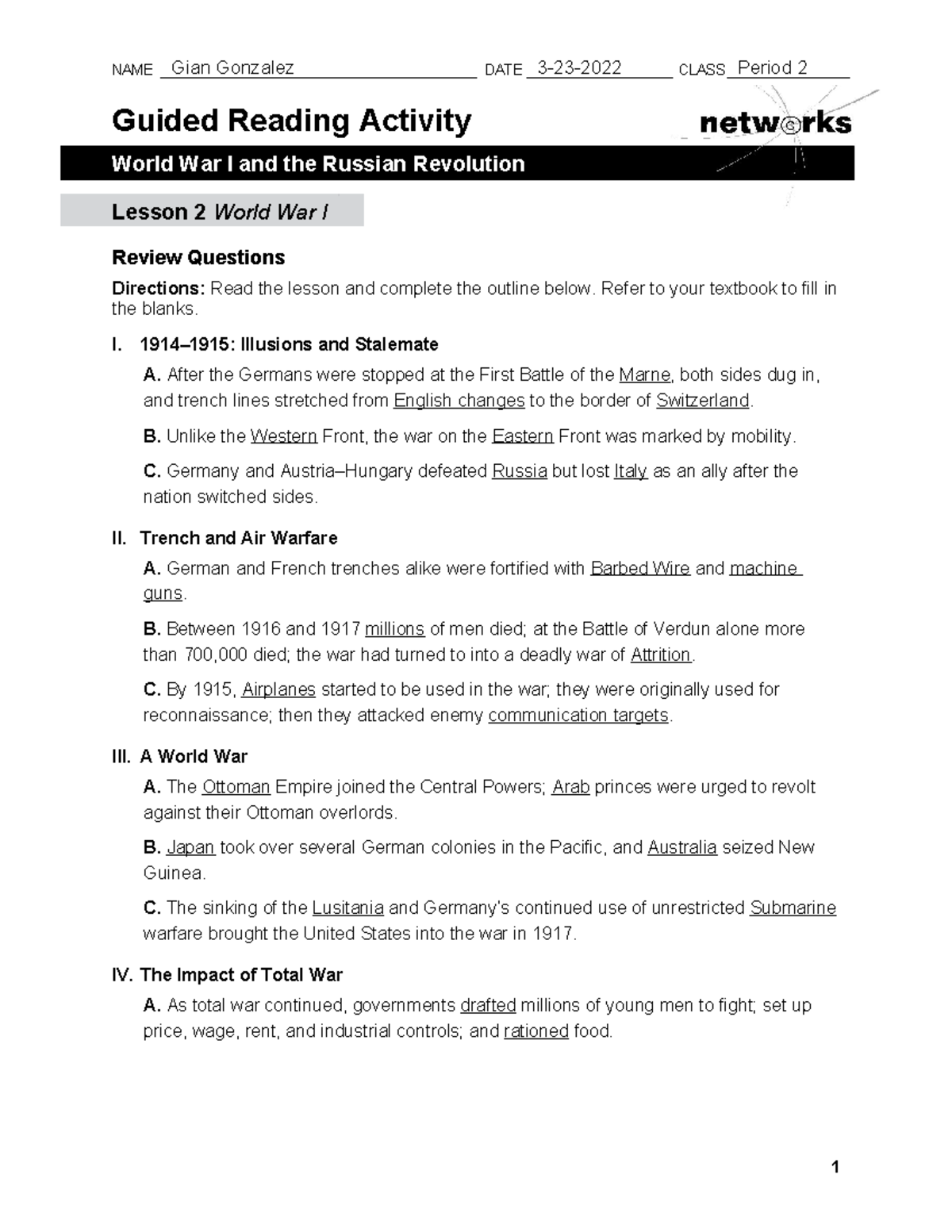 Lesson 2 World War I Guided Reading Activity by Gian - NAME Gian ...