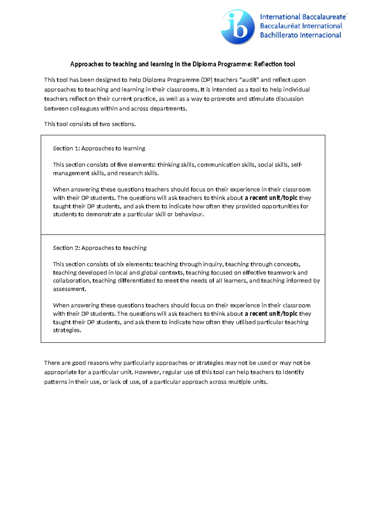 Self reflection tool - sdsd - Approaches to teaching and learning in ...