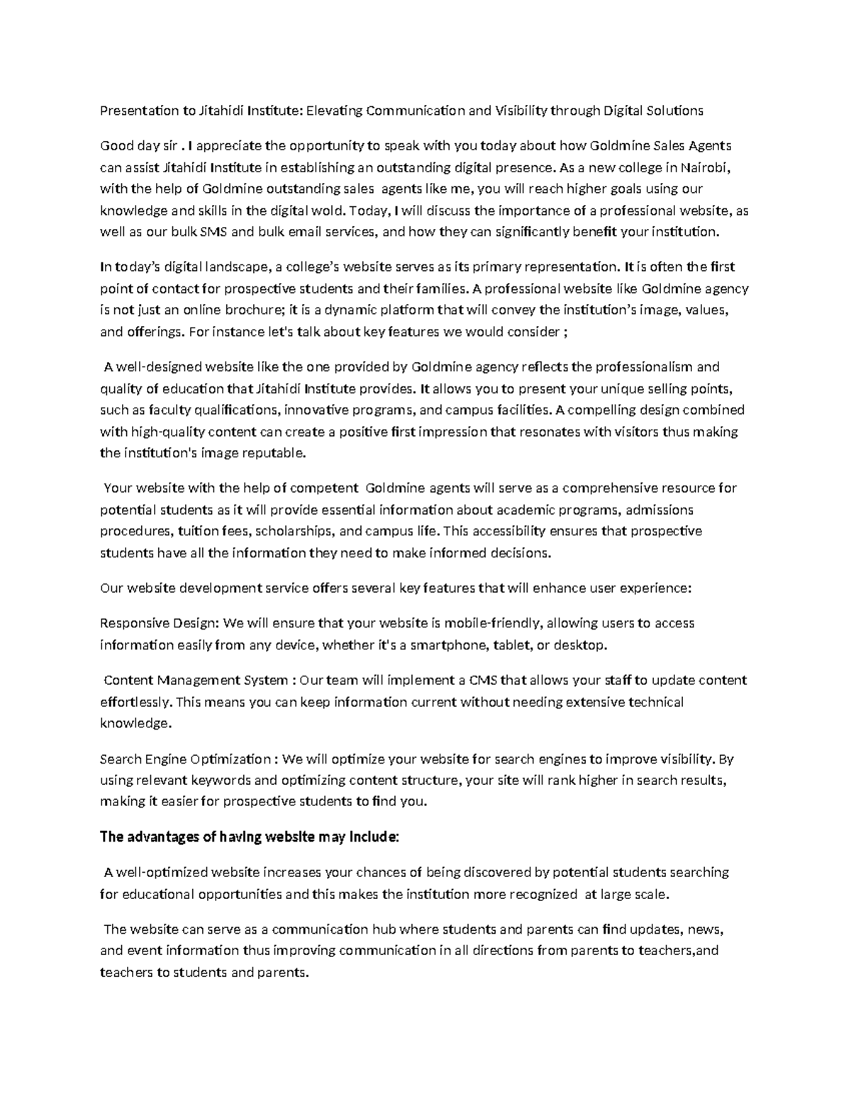 Presentation to jitahidi institute - I appreciate the opportunity to ...