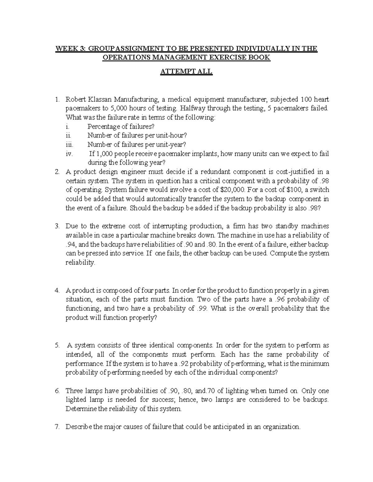 WEEK 3: Reliability & Maintenance Assignment in Operations Management ...