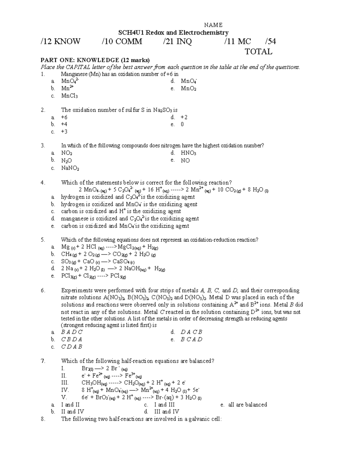 Redox Practice Test SCH4U1: Knowledge & Electrochemistry Inquiries ...