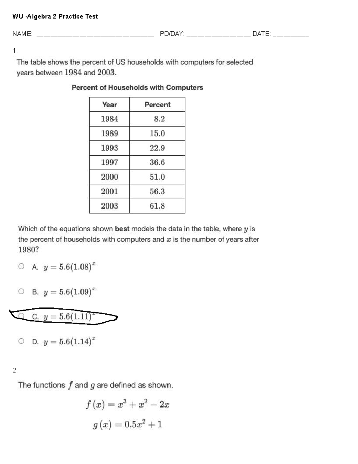 WU Algebra 2 Practice Test: Computer Household Data Analysis - Studocu