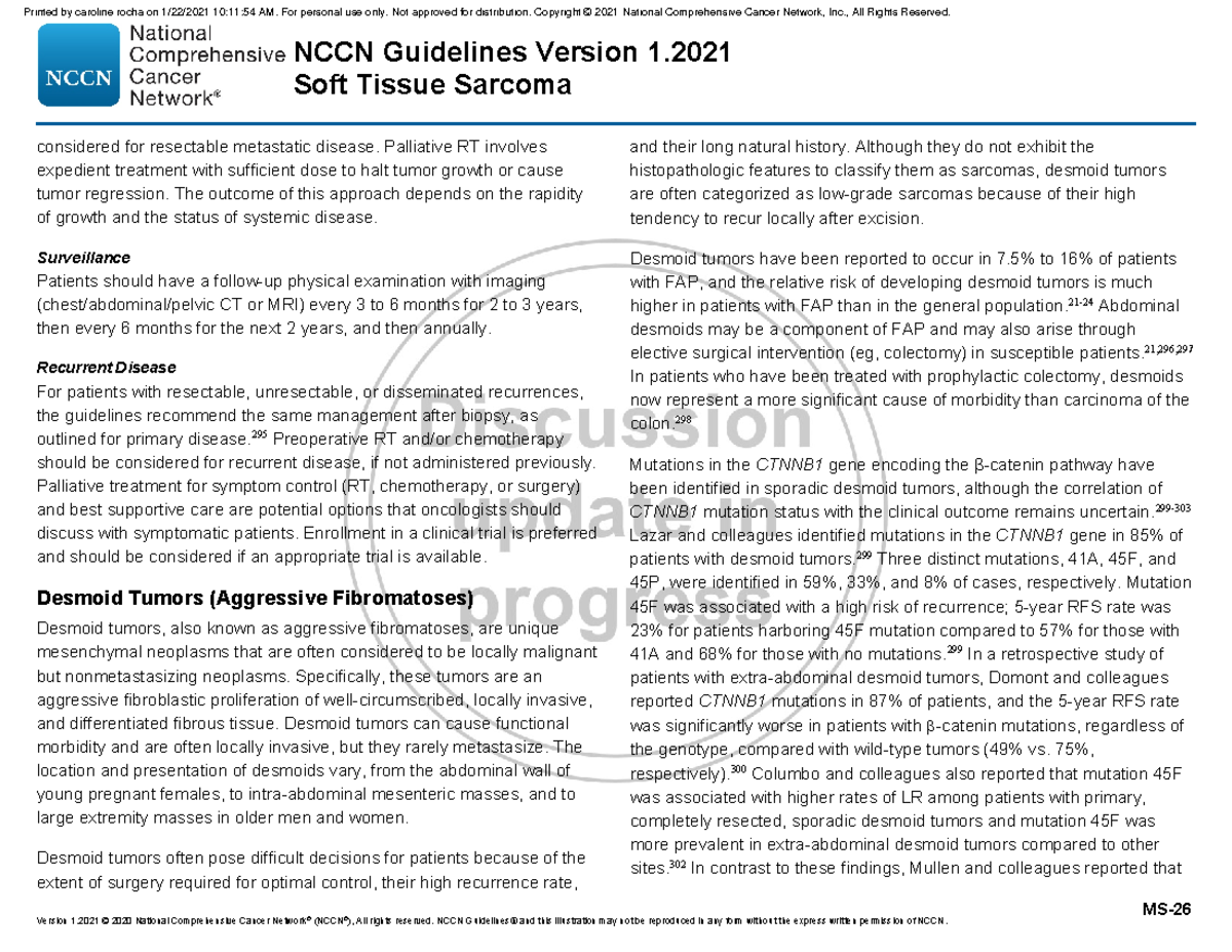 Tumor desmoide NCCN - NCCN Guidelines Version 1 .202 1 Soft Tissue Sarcoma MS- 26 considered for ...