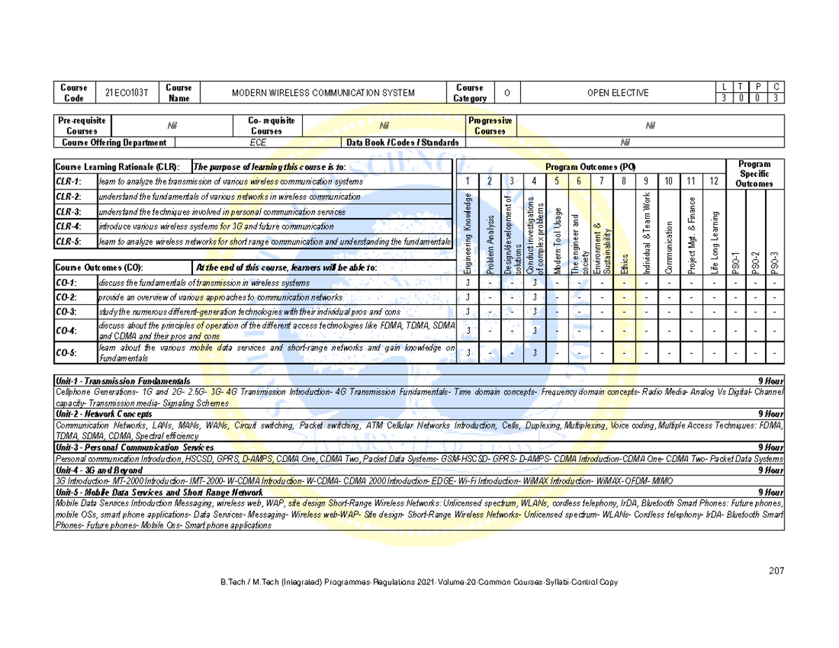 Syllabus for ECO103T: Modern Wireless Communication System - Studocu