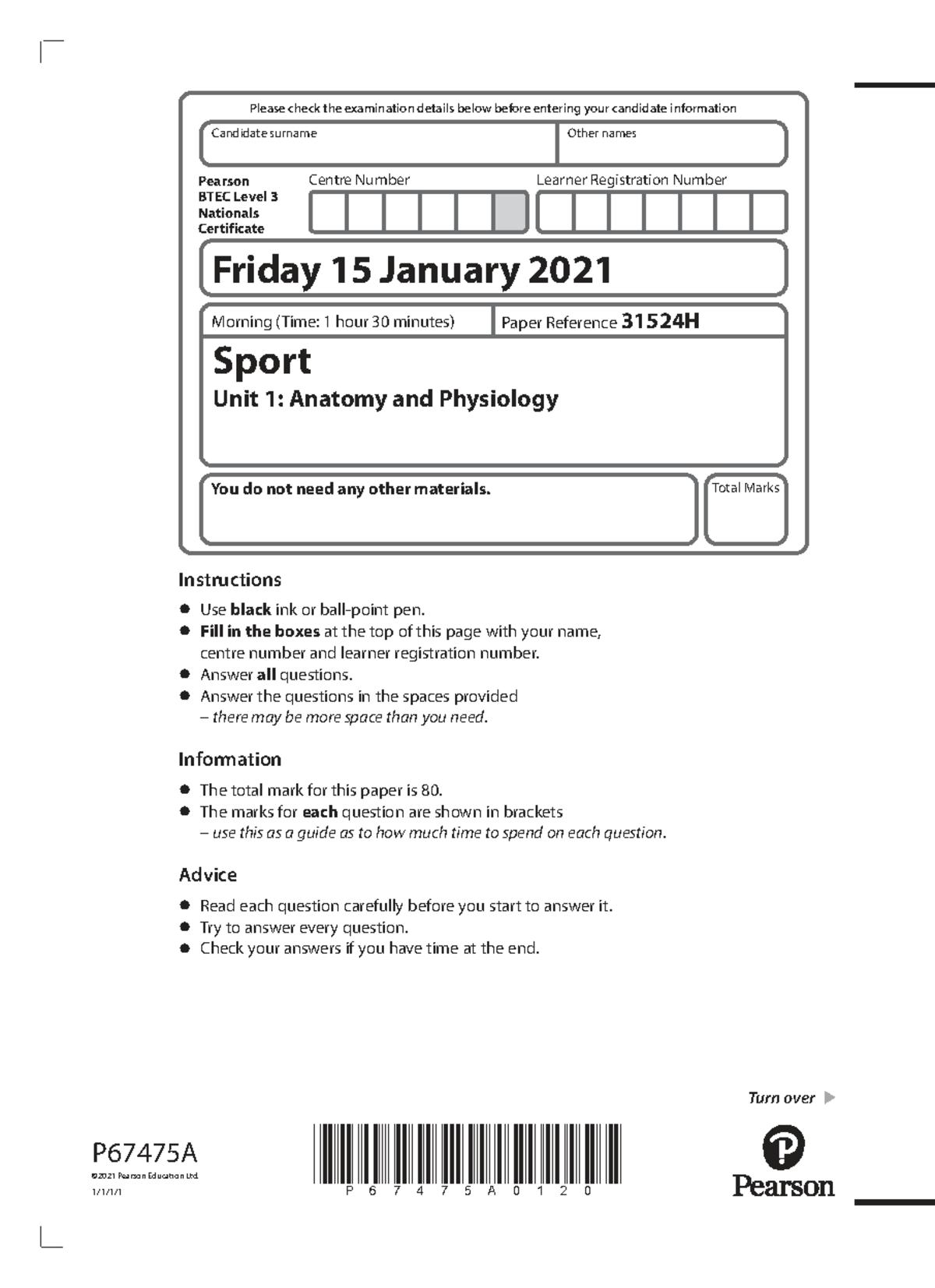 BTEC Level 3 Sport Unit 1: Anatomy & Physiology Exam Paper 31524H - Jan ...