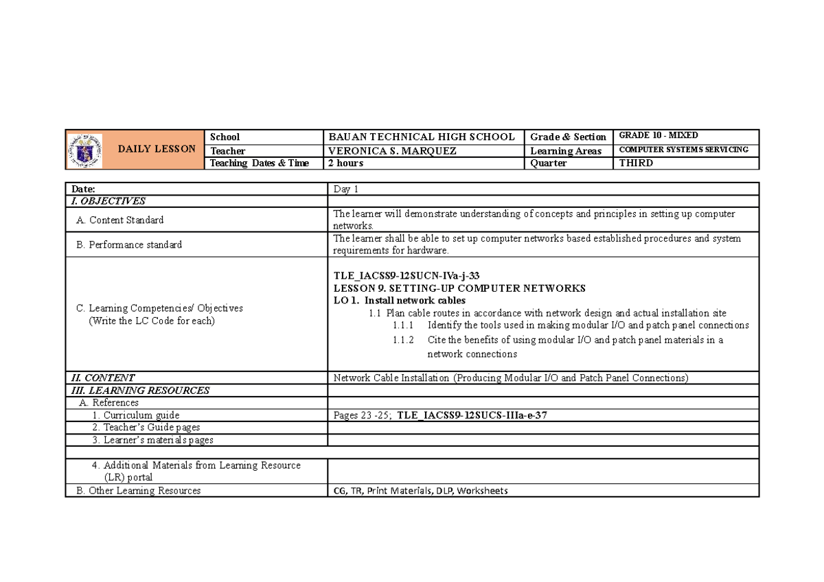 Daily Lesson Log for Computer Systems Servicing (TLE_IACSS9-12SUCN-IVa ...