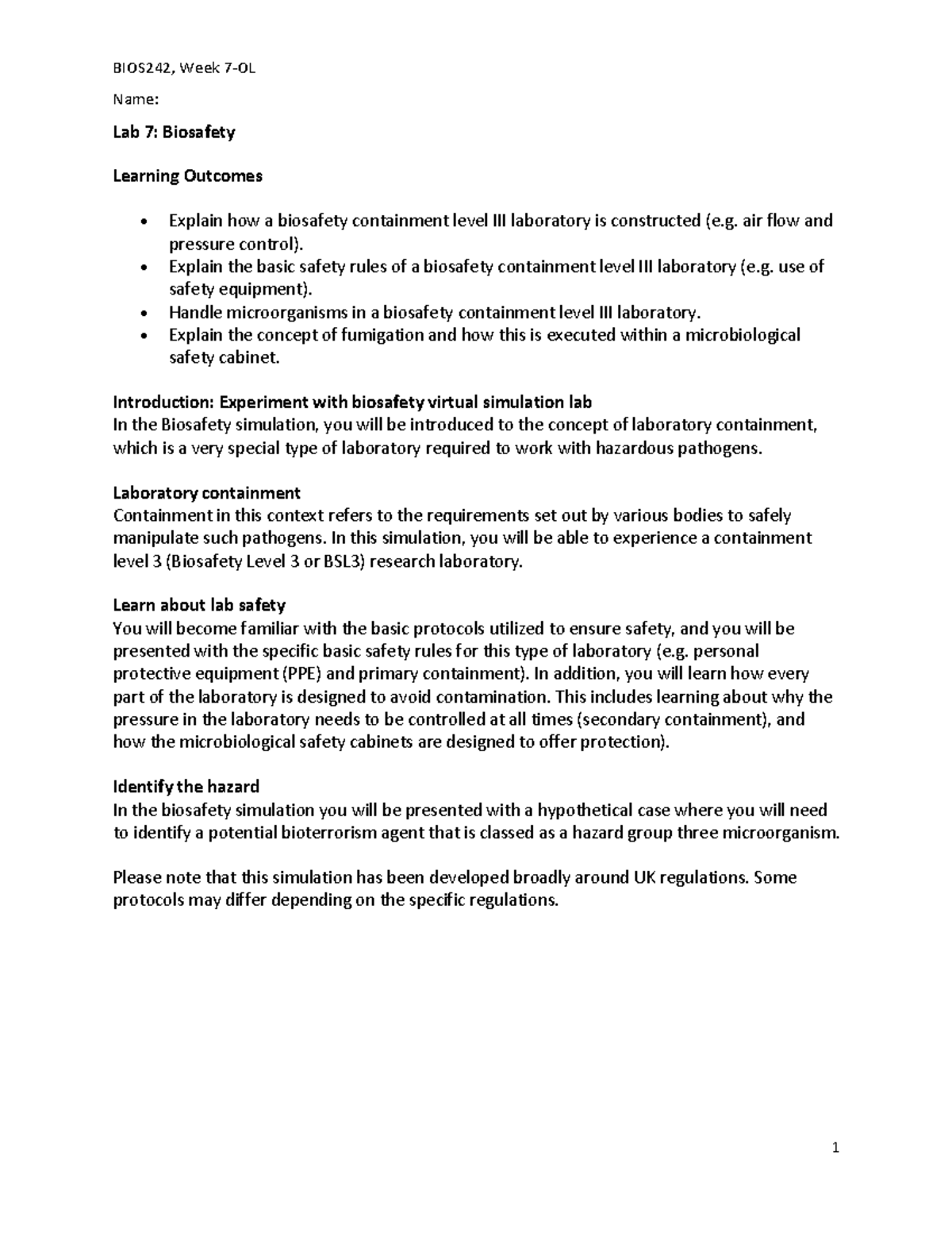 OL BIOS242 Week 7 - Biosafety Simulation Lab Overview and Guidelines ...