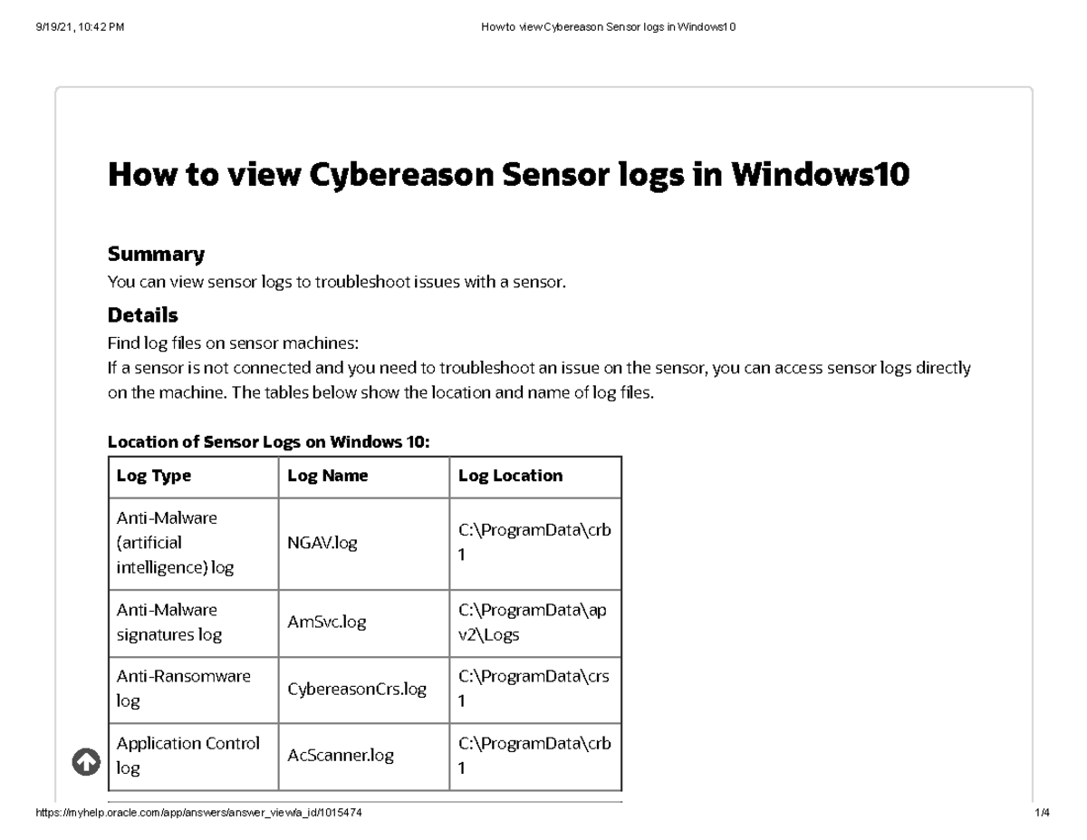Viewing Cybereason Sensor Logs on Windows 10: A Quick Guide - Studocu