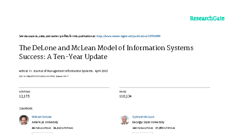 The DeLone and McLean IS Success Model: An Updated Analysis - Studocu