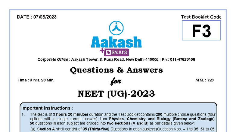 NEET 2023 Question Paper F3: Complete Test Booklet with Answers - Studocu