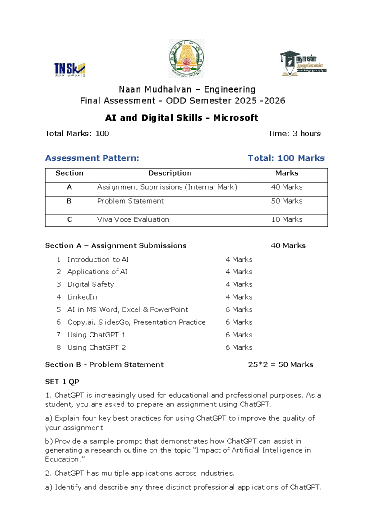 Naan Mudhalvan Engineering Final Assessment ODD Sem 2025: AI & Digital ...