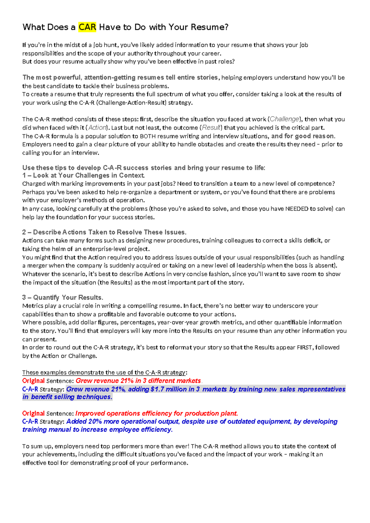 CAR Approach (Challenge, Action, Result) - Resume Writing Tips - Studocu
