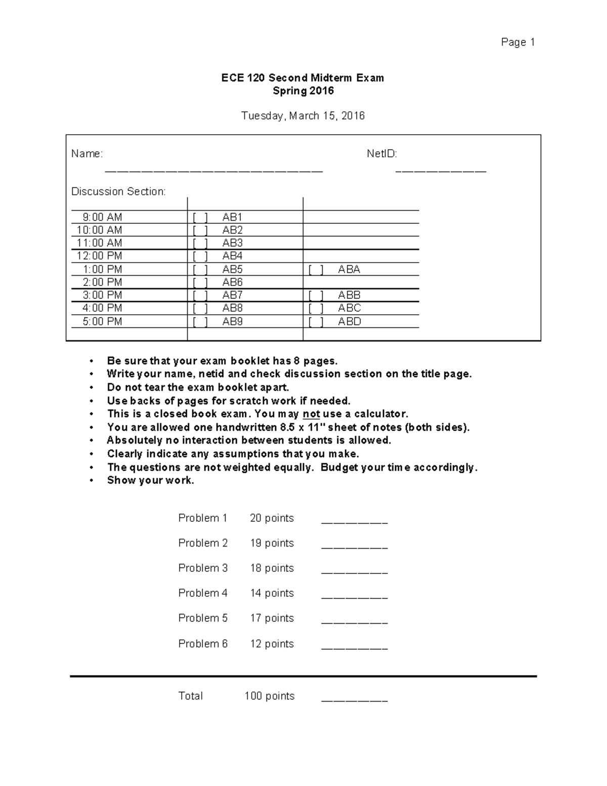 Ece120sp16 mt2-1 - Practice midterm - ECE 120 Second Midterm Exam ...
